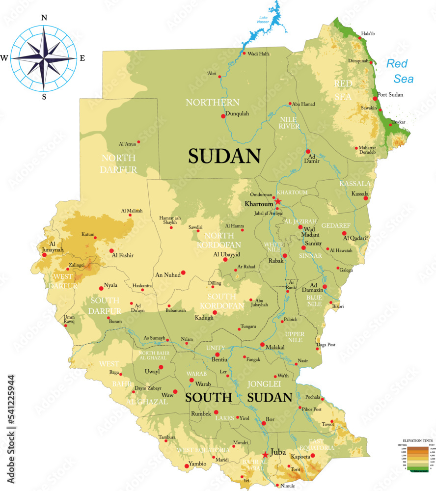 Photo & Art Print Sudan and South Sudan highly detailed physical map ...