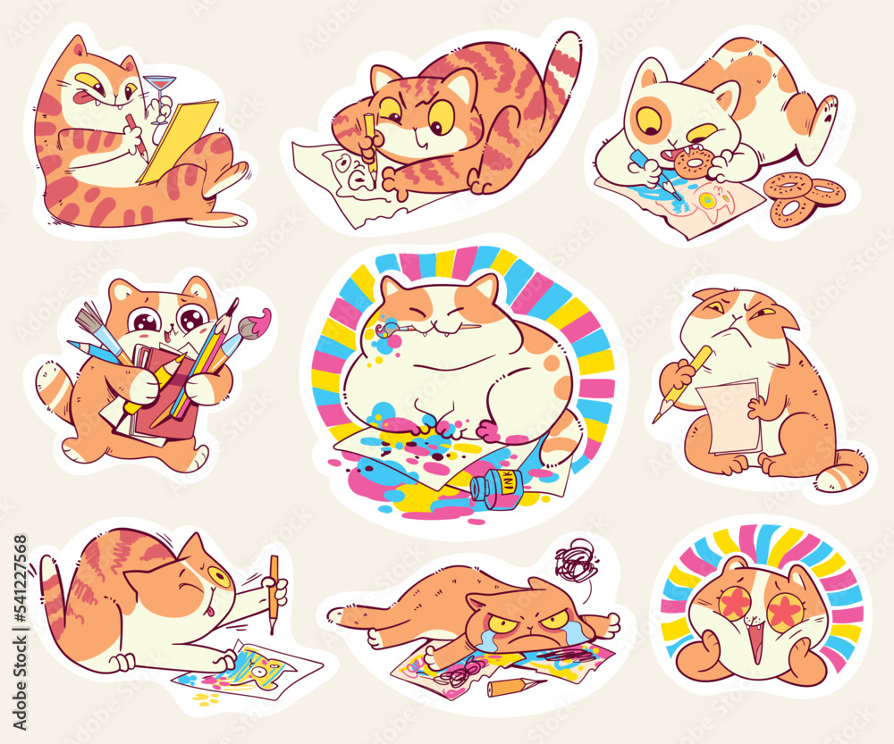 Funny cat artists. Colorful cartoon characters. Cute vector ...