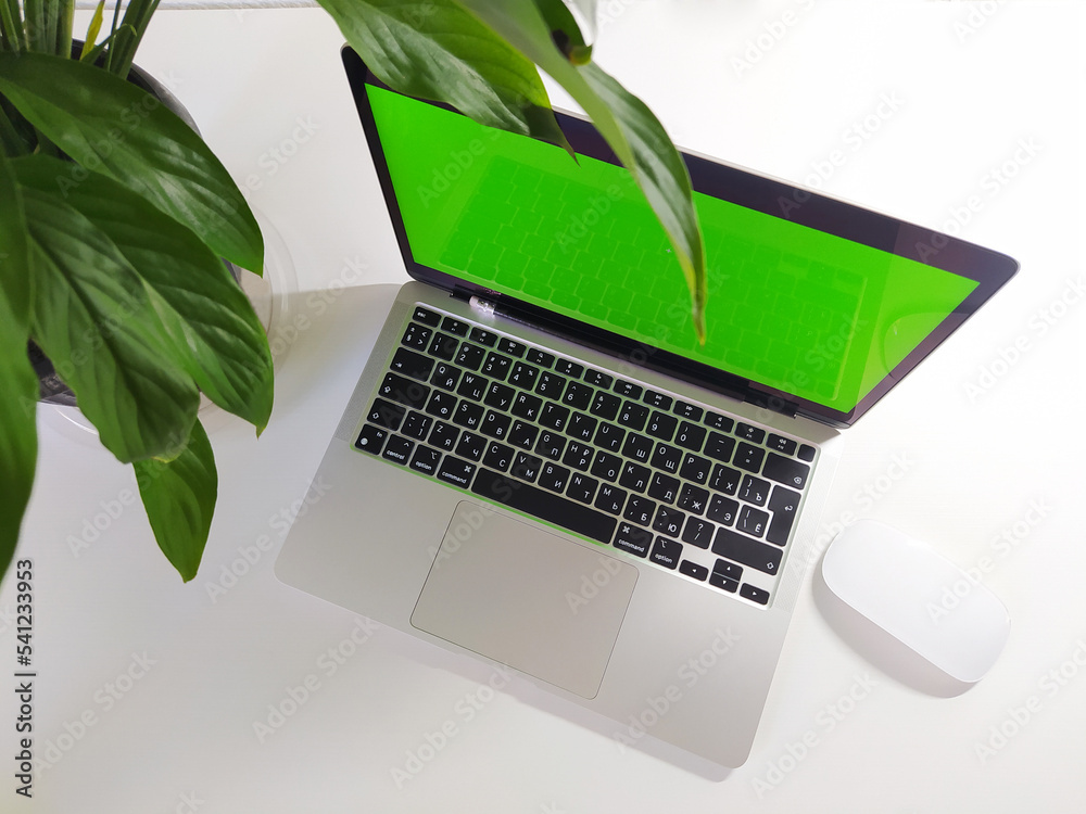 White table with green copy screen on laptop monitor, top view. Using ...