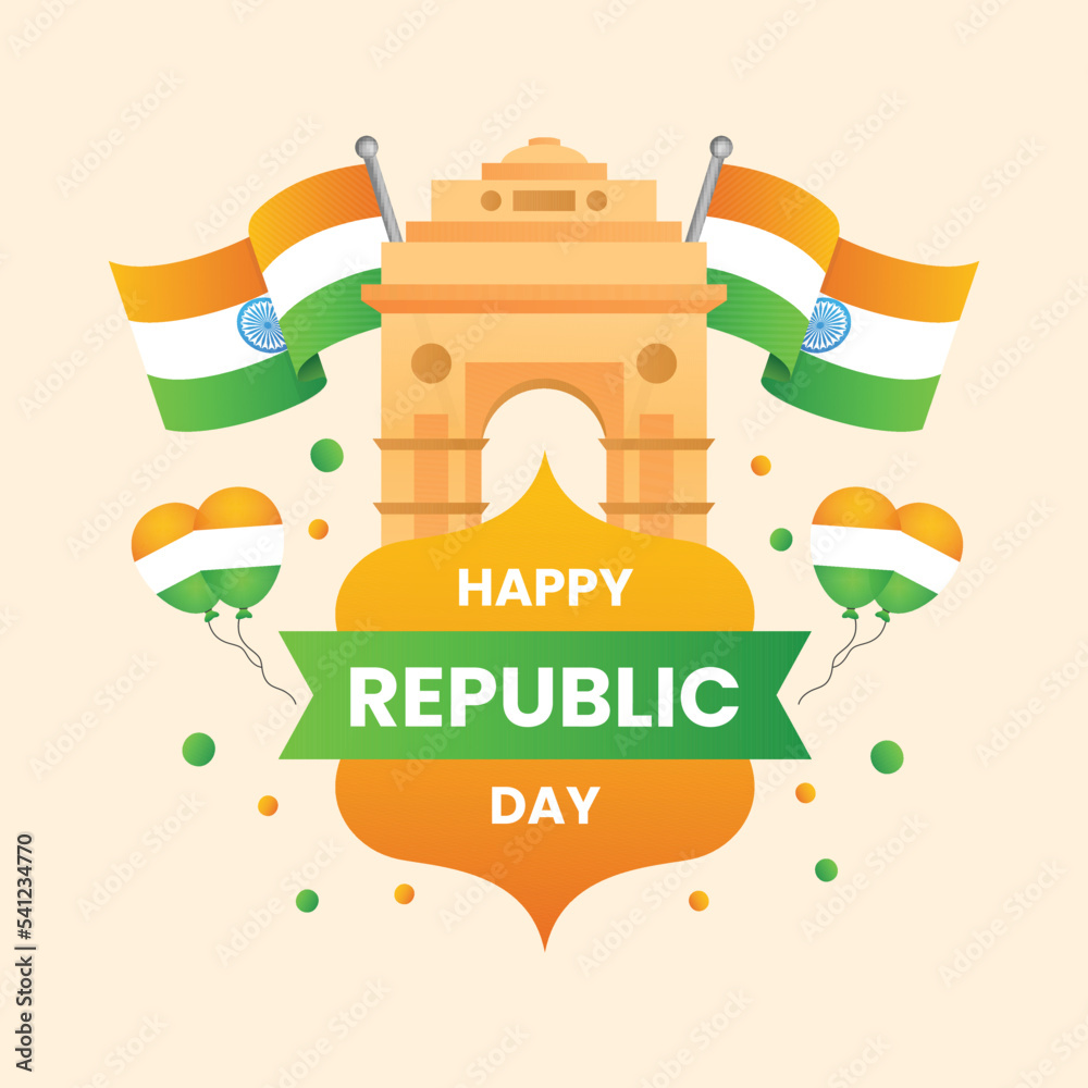 Happy Republic Day Font With Indian Gate, Flags And Tricolor Balloons ...