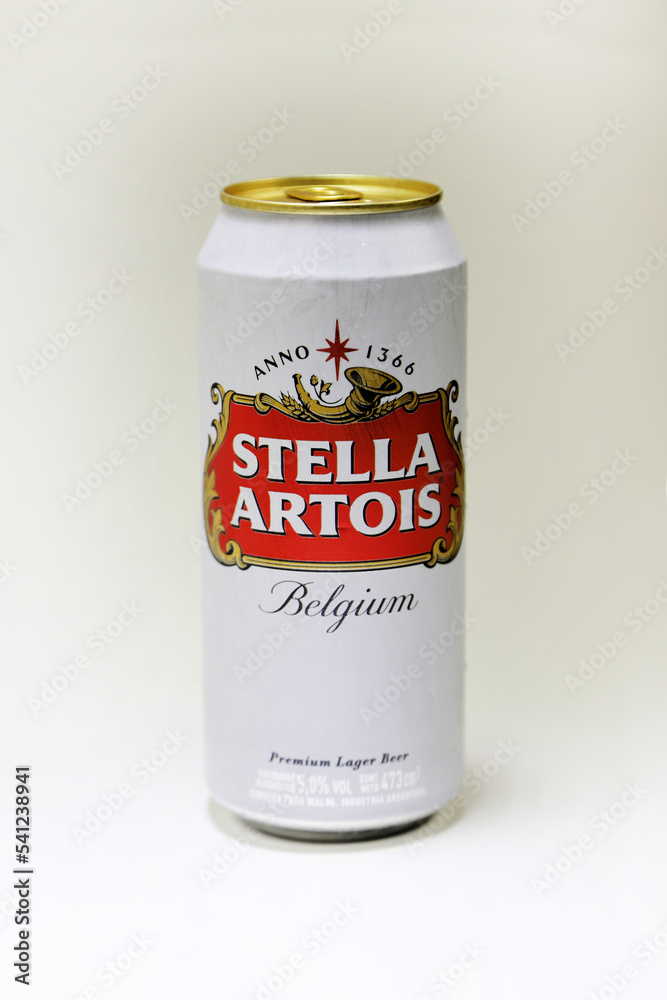 Beer can. Stella Artois. Belgium. Premium Lager Beer. Drink with ...