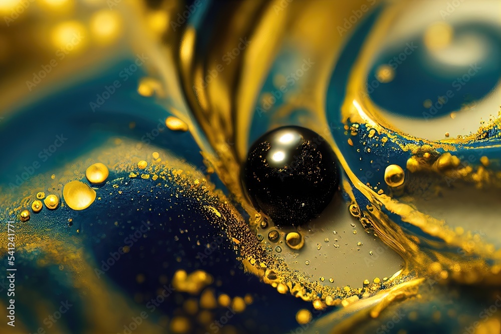 Luxurious golden fluid art with blue. Gold and blue waves, smooth lines ...