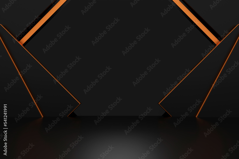 black geometric stage podium and neon light. dark scientific background ...