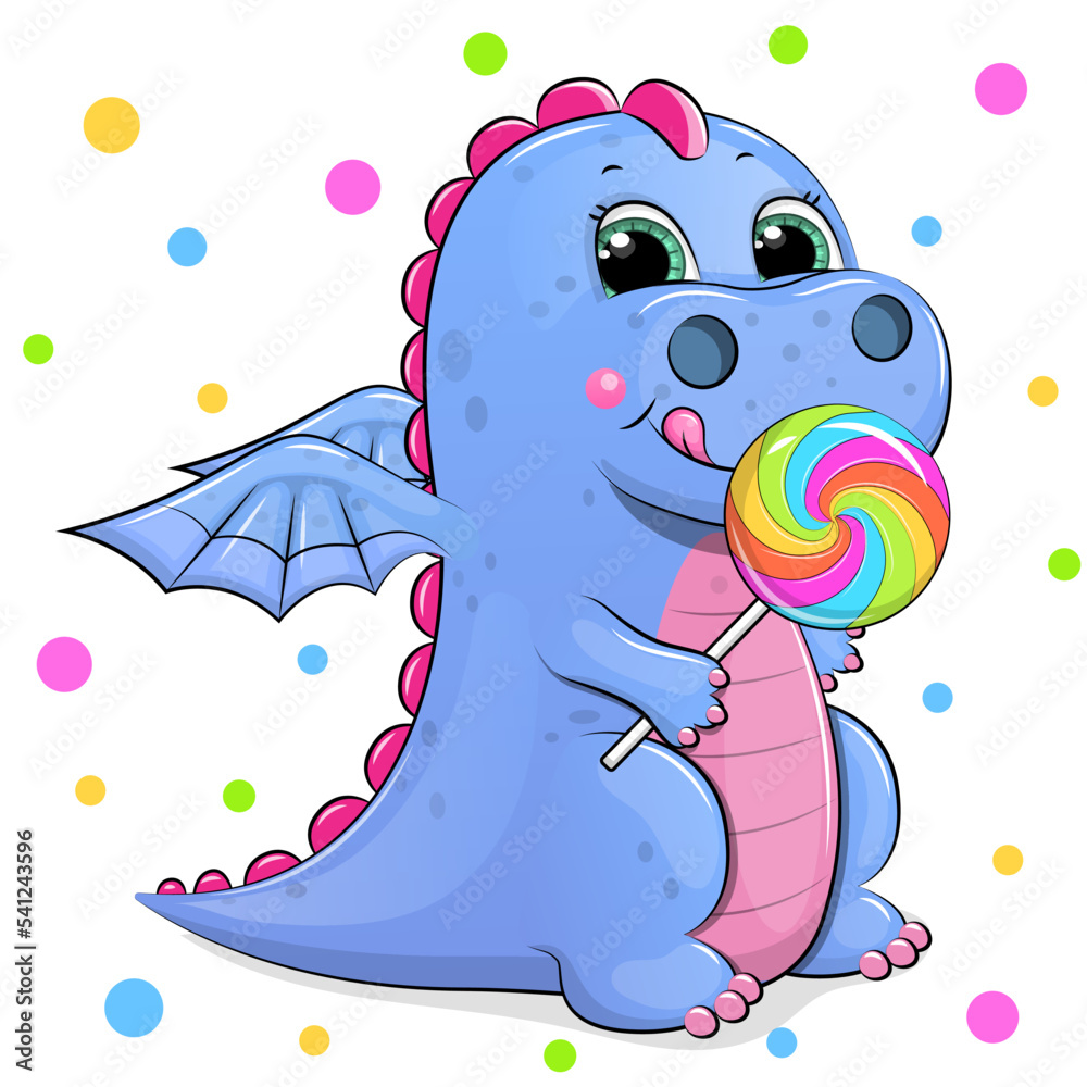 Cute cartoon dragon with big candy. Vector illustration of an animal on ...