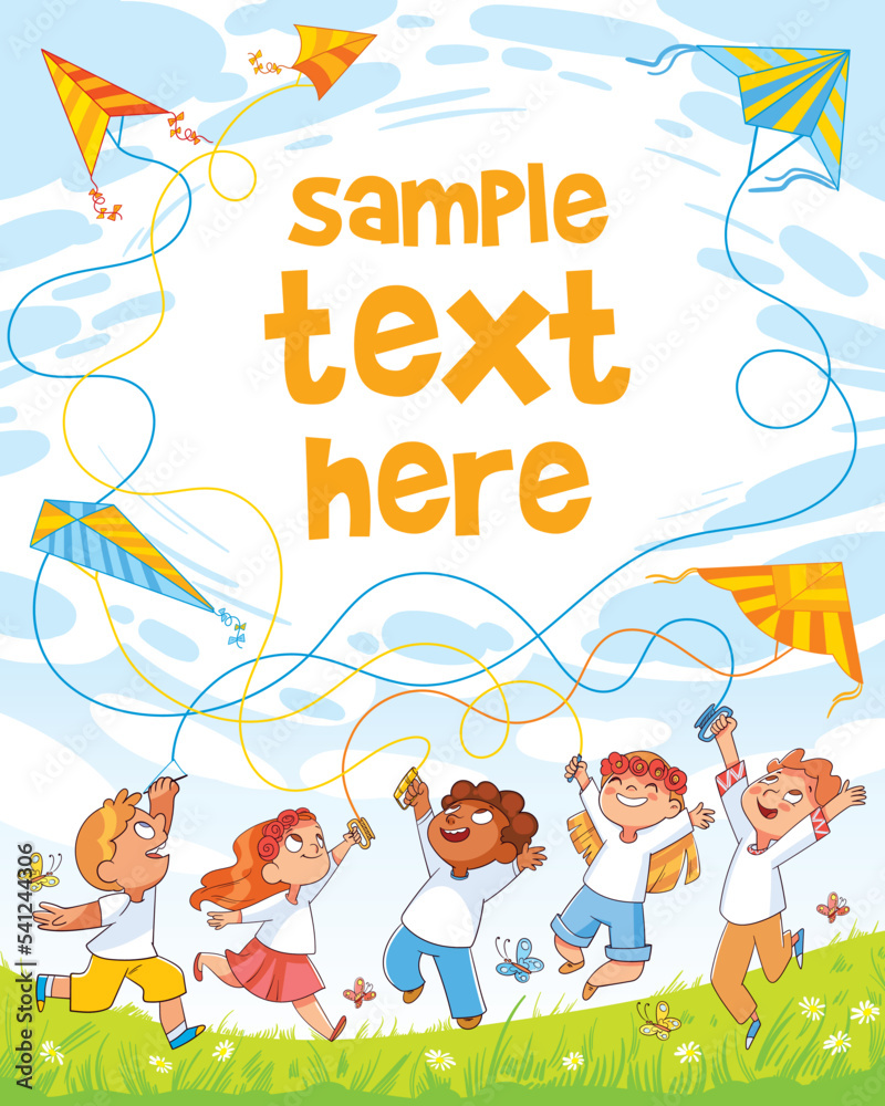 Children fly kites into the sky. Funny cartoon character. Vector ...