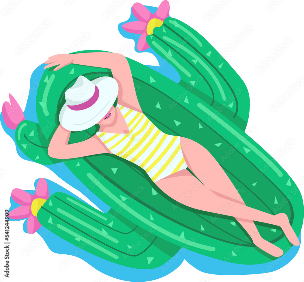 Woman relaxing on cactus air mattress semi flat color raster character ...
