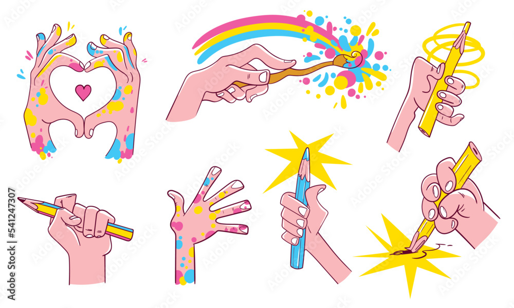 Artist Hands. Different hand gestures. Set of motivational stickers ...
