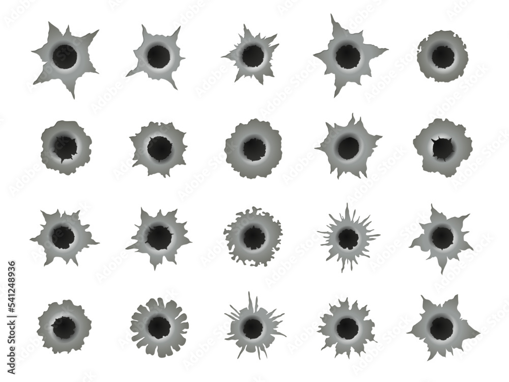Shot holes. Gun bullet circle crack, ragged circular damage destruction ...