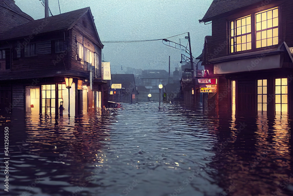 The city during the flooding of buildings. Water flows on a city street ...
