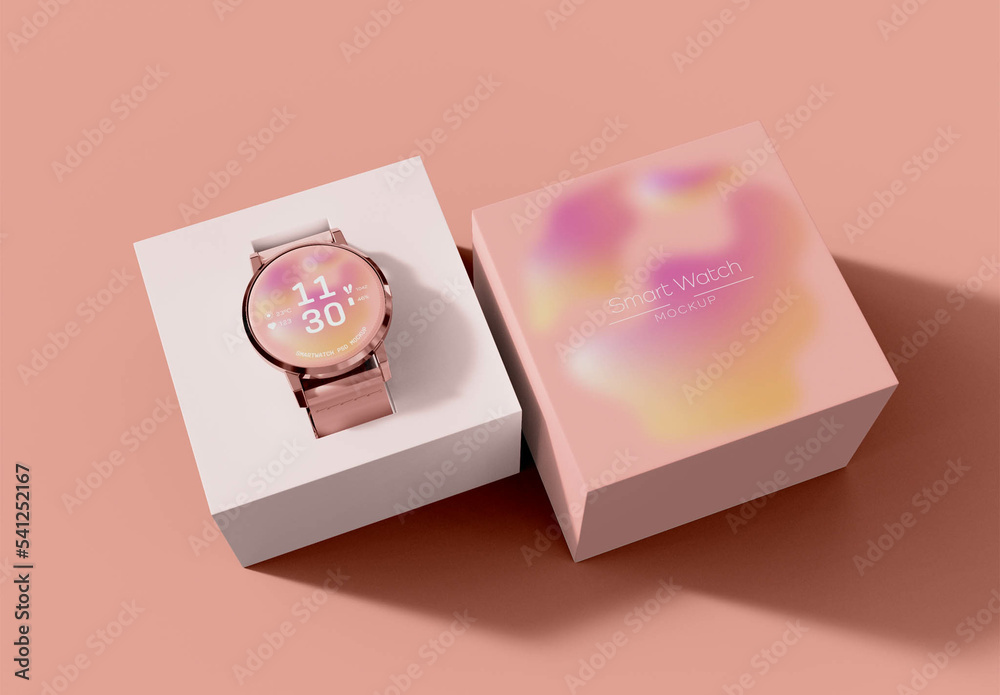 Smartwatch with Box Packaging Mockup Stock Template | Adobe Stock