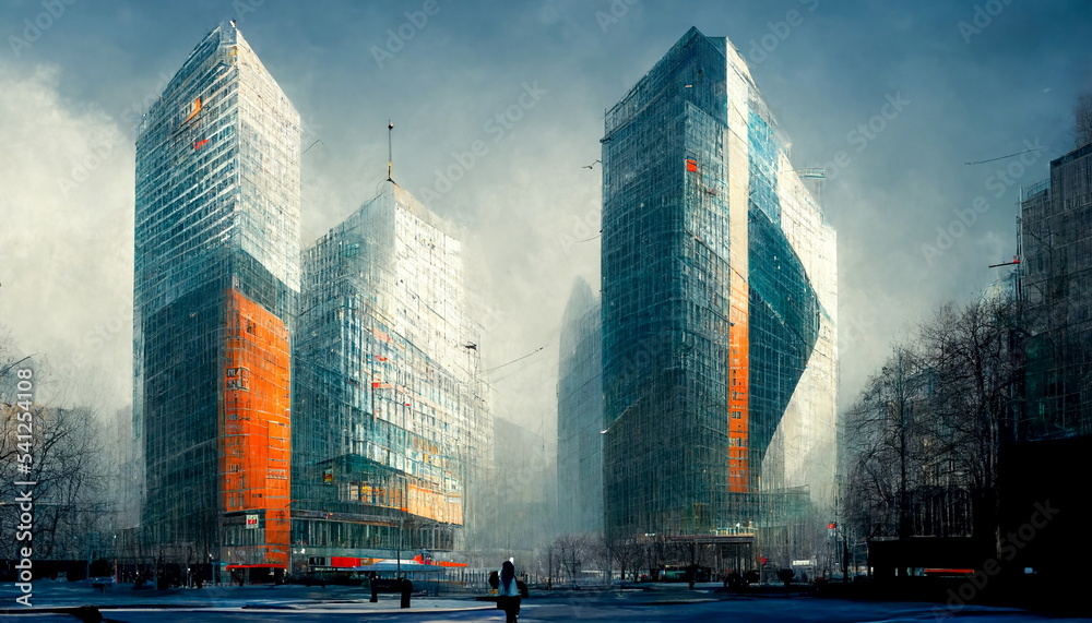 Skyscrapers are being built in the metropolis of the future. Tall ...