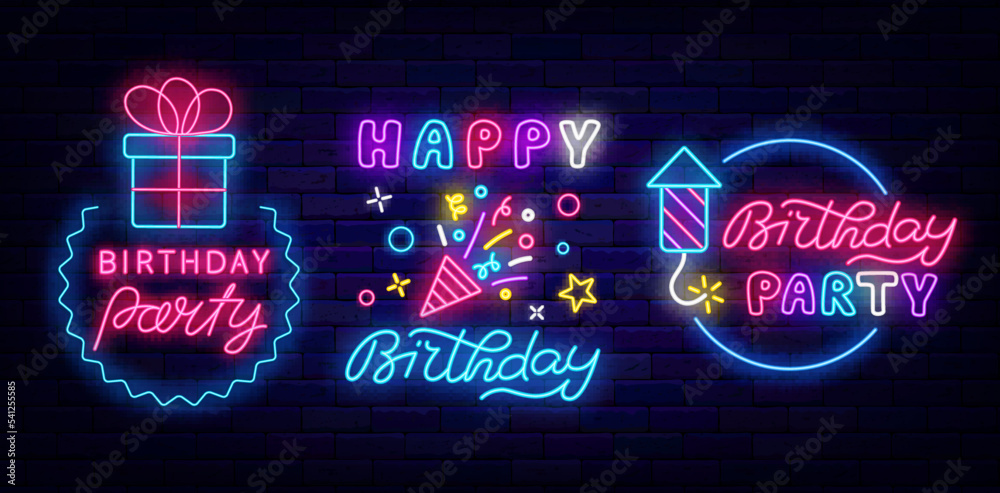 Birthday party neon emblems collection. Happy Birthday invitation ...