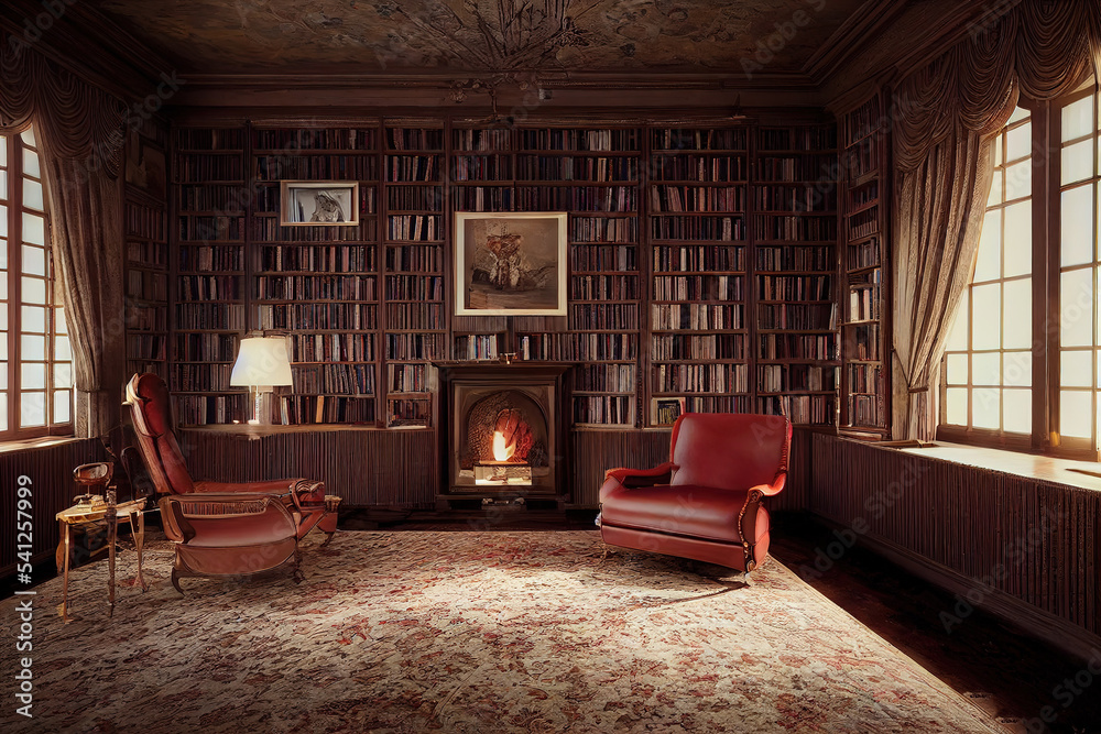 Home library with wooden shelving and bookcase, sofa and paintings on ...