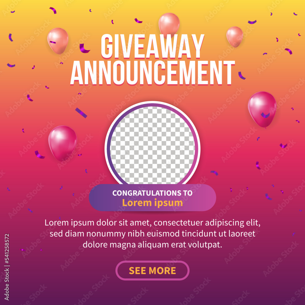 Giveaway announcement post for social media with balloons and confetti ...