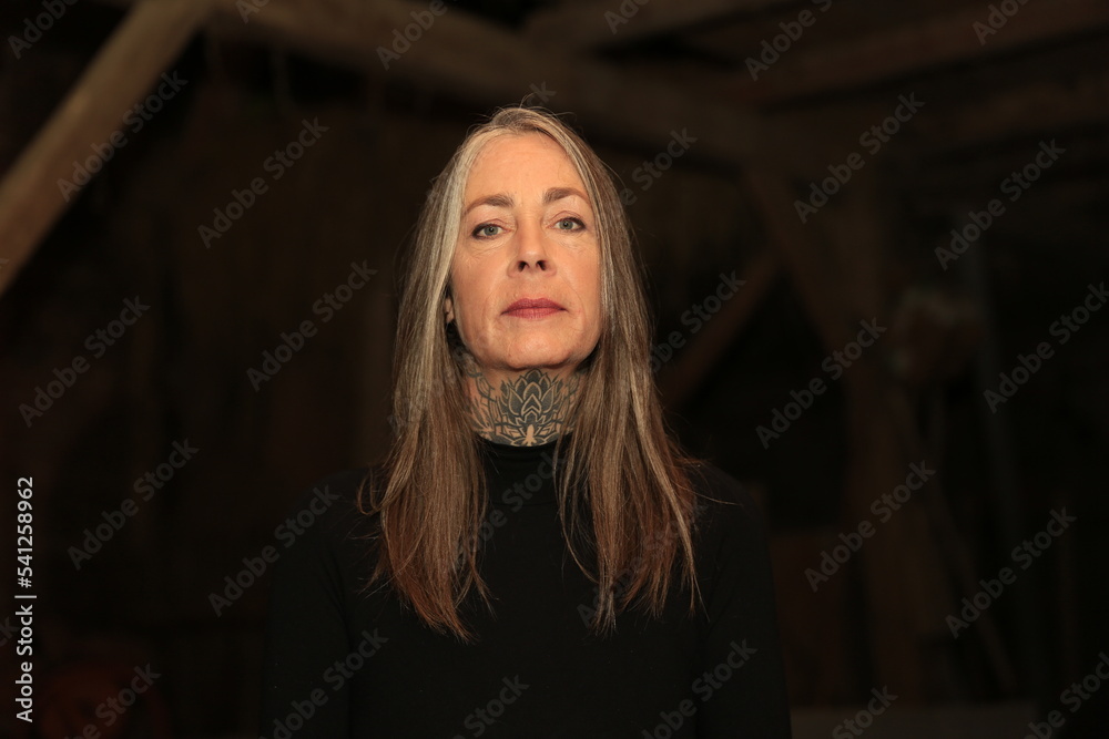 Frau in den besten Jahren Porträt. Scheune, lange Haare, best Ager ...