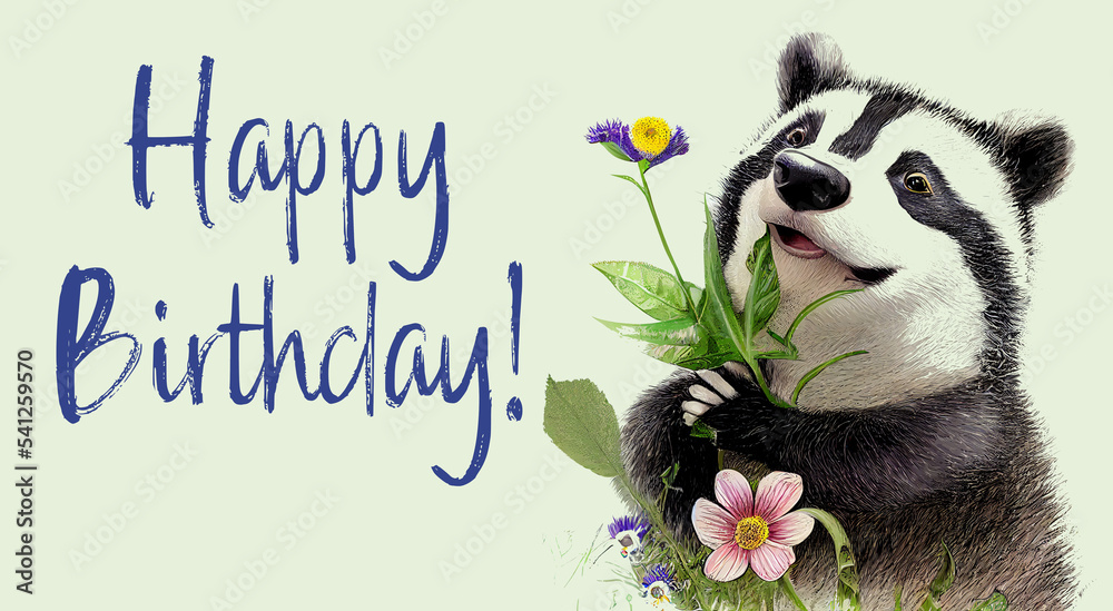 Cute birthday greeting card with badger, digital art Stock Illustration ...