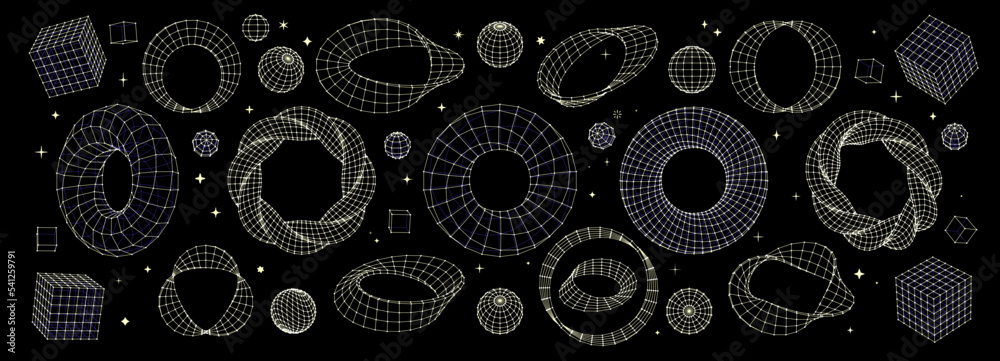 Abstract grid shapes. Mobius strip wireframe, twisted donut mesh, 3D ...