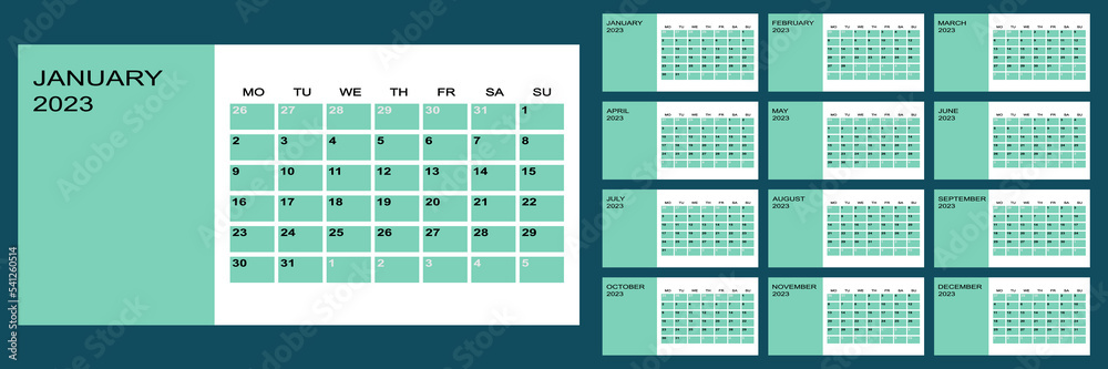 Calendar 2023 yearly. Week starts on Monday. Vector illustration. Stock ...