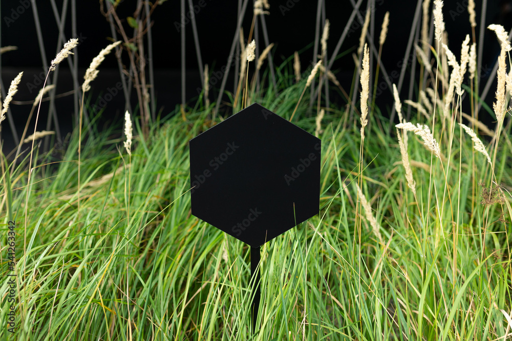 Closeup black metal sign at green grass background, nameplate with a ...