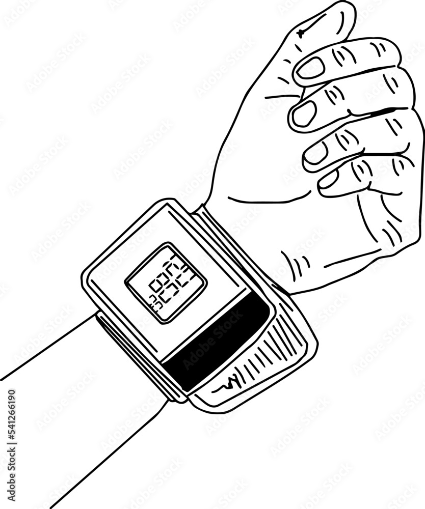 Wrist Blood Pressure Monitor, outline sketch drawing of a hand wearing ...