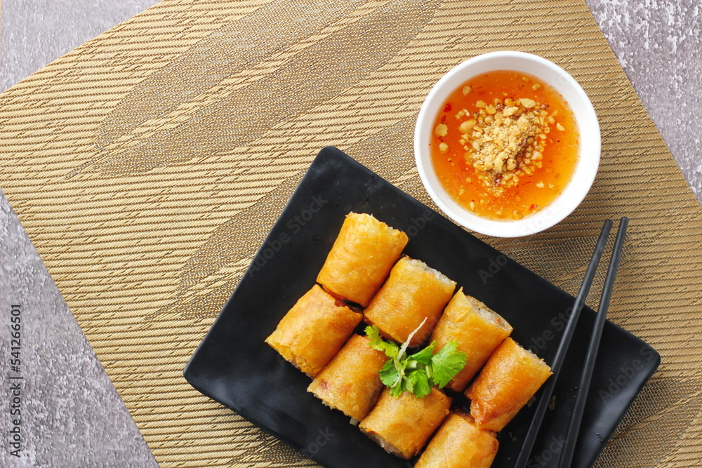 Fried Egg Rolls, Vegetable Rolls, Fried chinese spring rolls with sweet ...