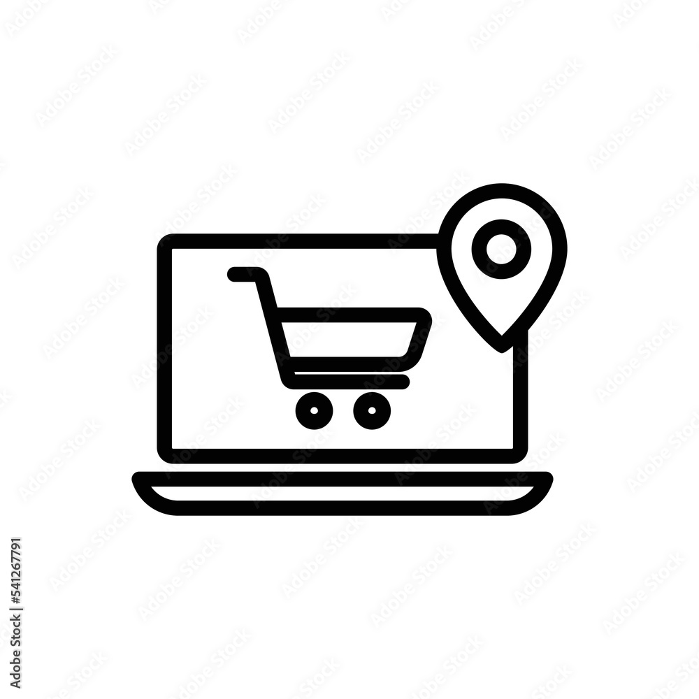 Online shop location line icon. Contains icon laptop with shopping cart ...