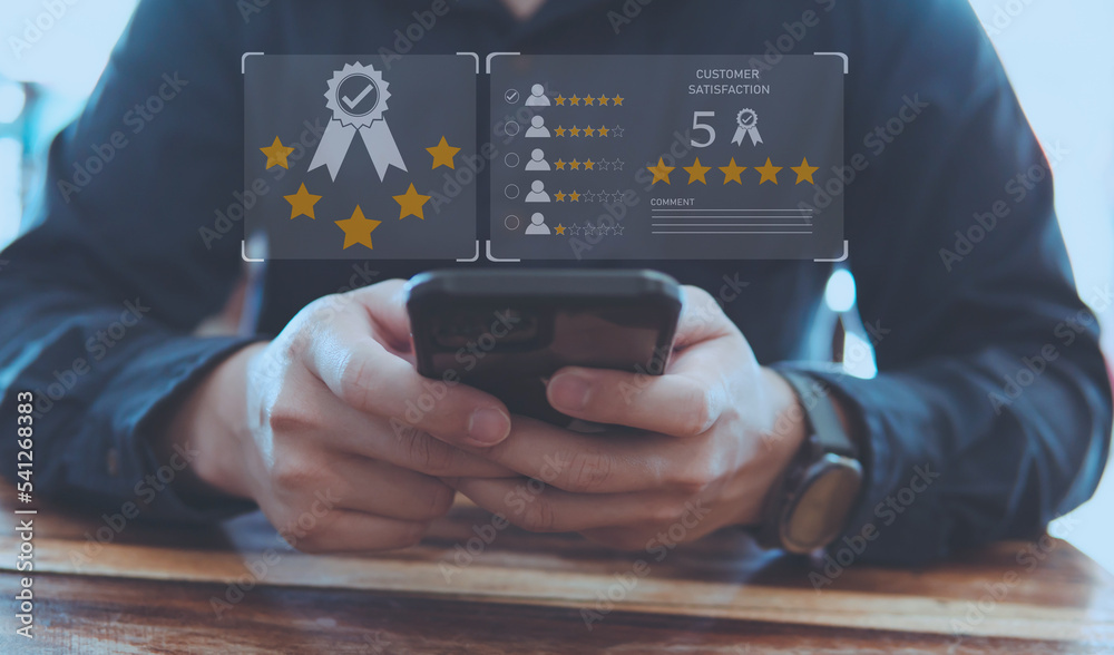 Customer review good rating concept hand pressing smile face icon and ...