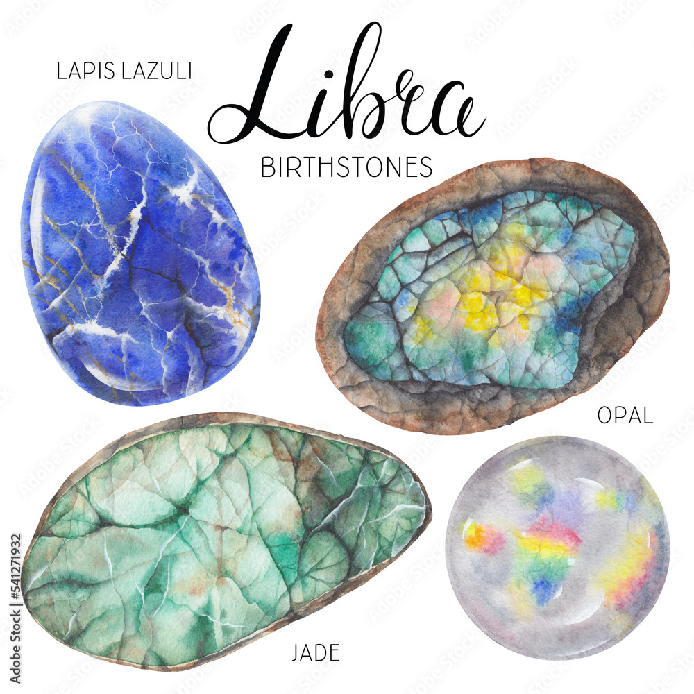 Libra birthstones set. Watercolor zodiac stones, healing crystals ...