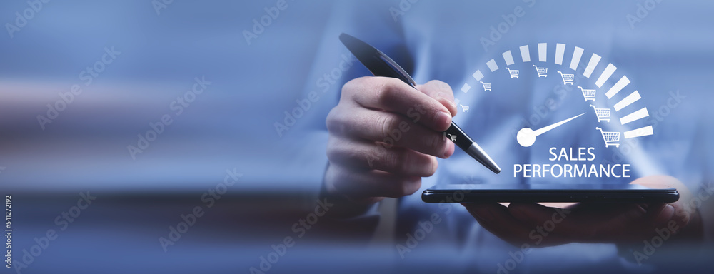 Sales Performance. Increase sales. Speedometer with a shopping cart ...