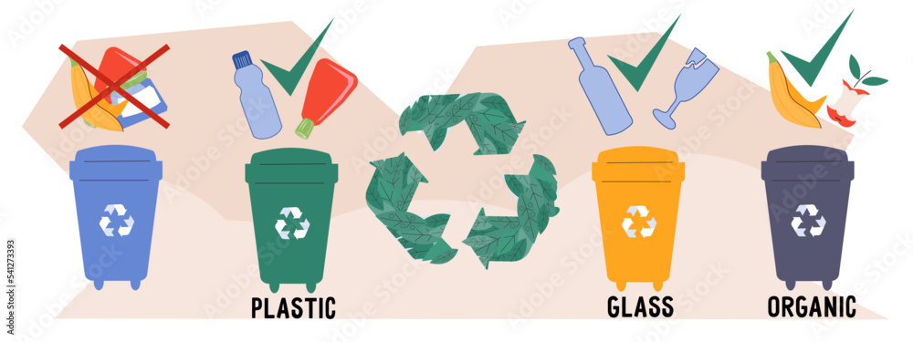 Dustbins with various sorts of garbage. Waste sorting eco initiative of ...