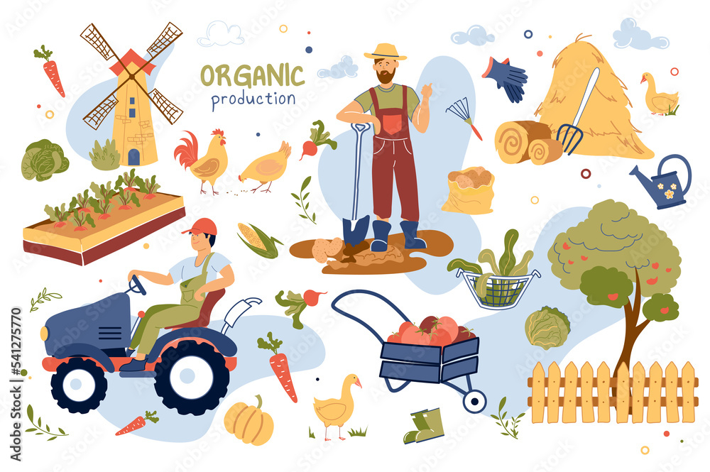 Organic production concept isolated elements set. Collection of farmer ...