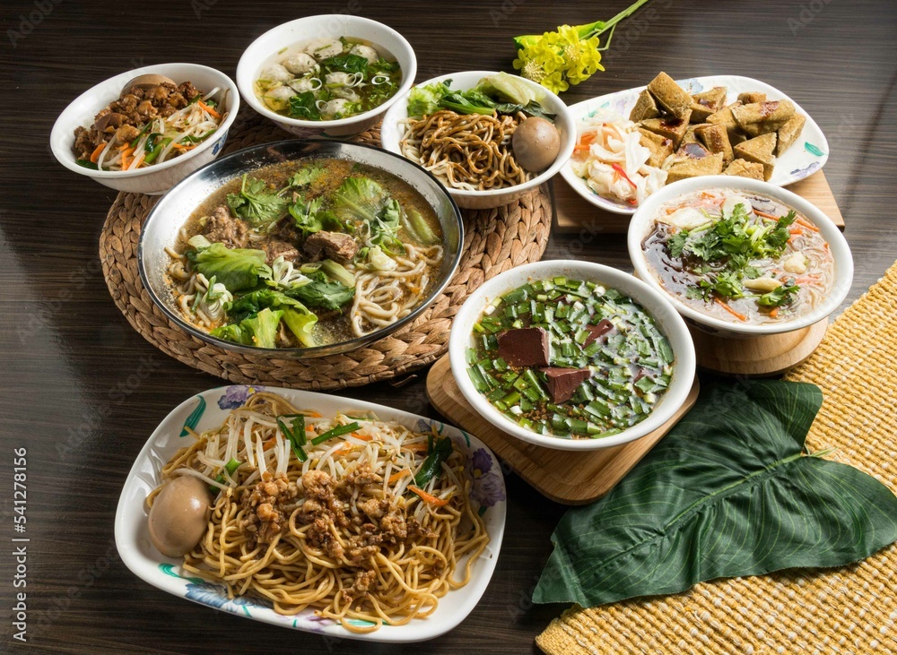 Assorted taiwan noodles and soup pig blood soup, fry noodles, Lamb chop ...