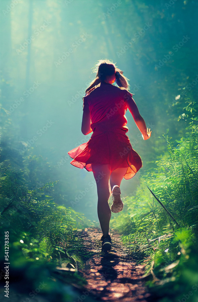 Digitalart, back view of girl with red dress running in the wood made ...