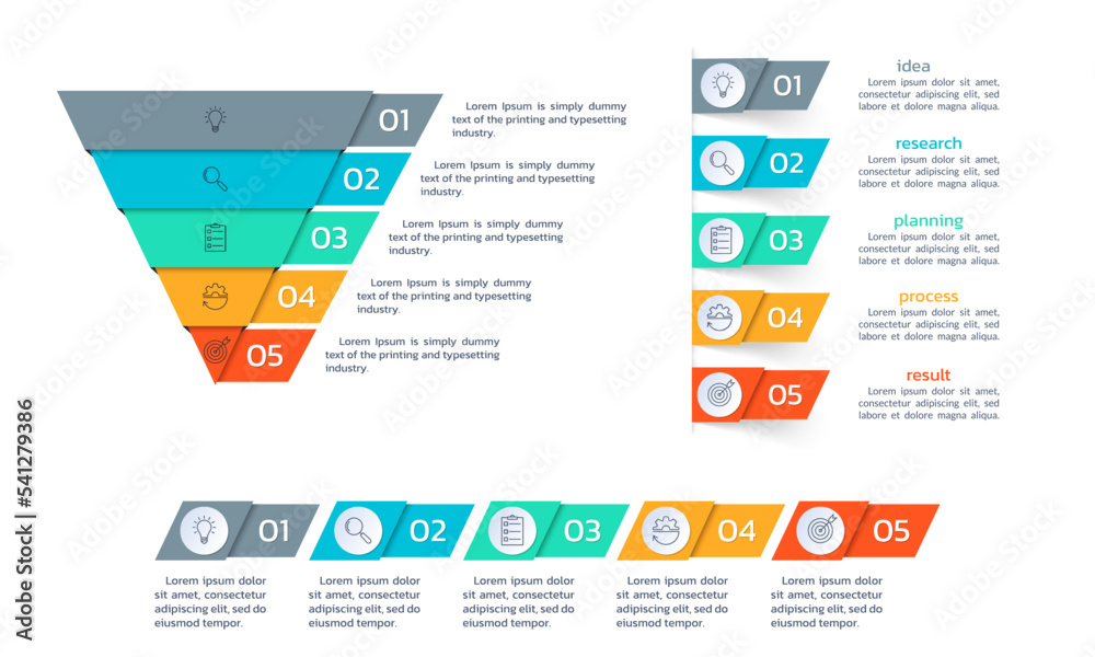 5 step process design set with business icons. Sales funnel or cone ...