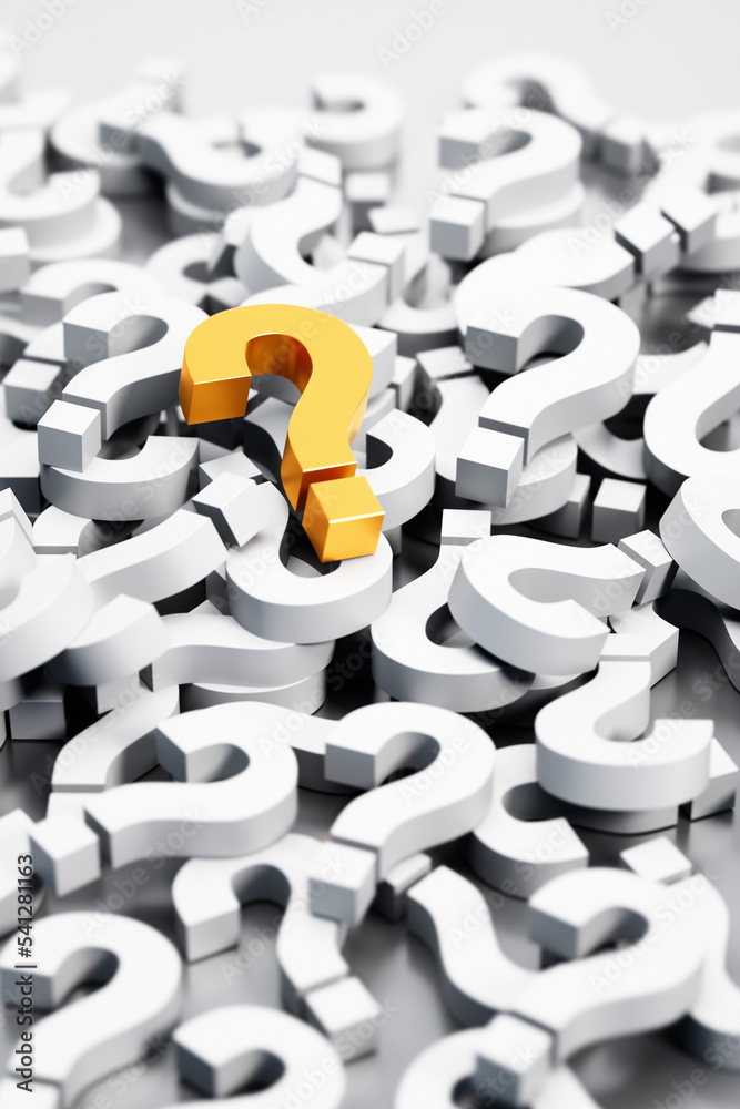 Large pile of white question mark symbols, one golden on top - 3D ...