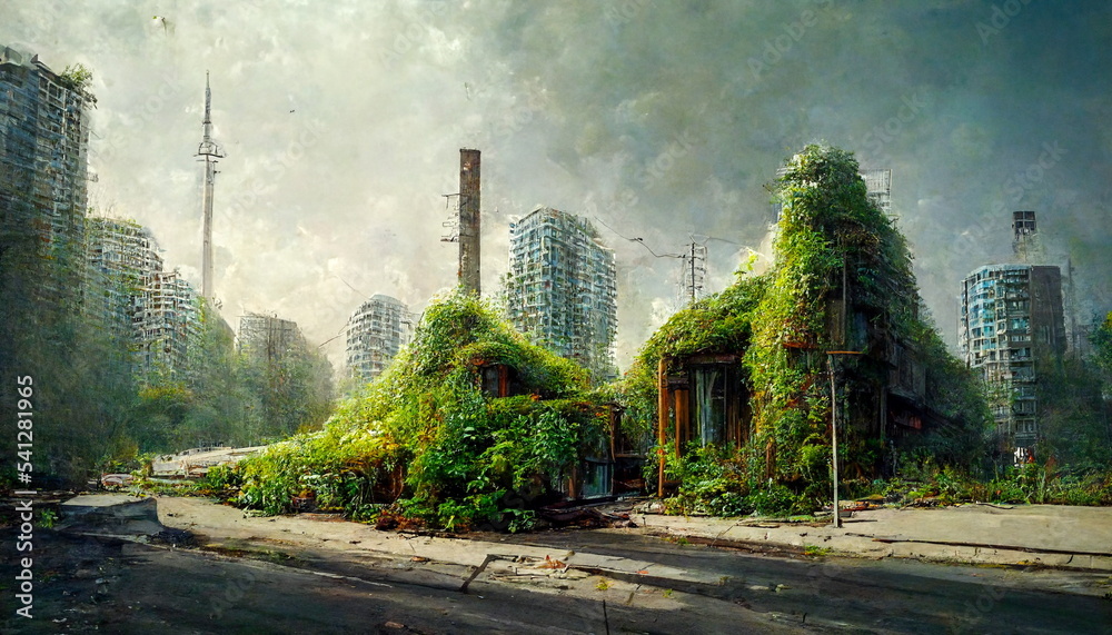 Post apocalyptic streetscape of the future with buildings overgrown ...