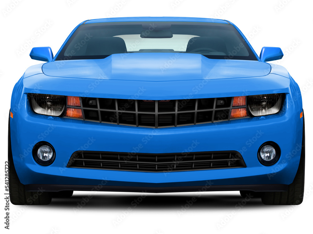 Powerful American muscle car in full blue color front view. Isolated on ...