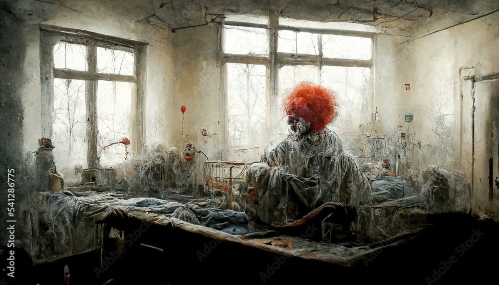 The nightmare clown in a derelict building. Spooky Halloween digital ...