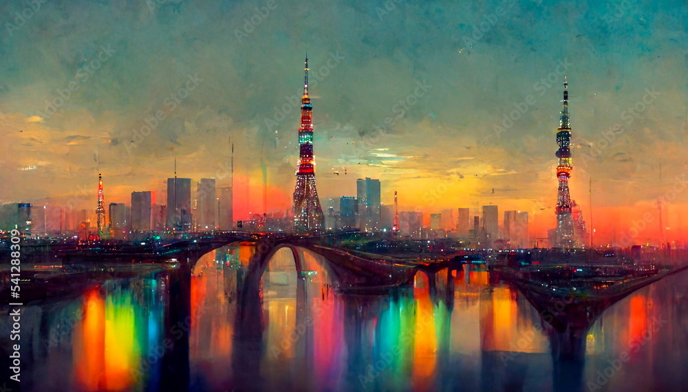 Tokyo skyline with Rainbow Bridge and Tokyo Tower at dusk Japan ...