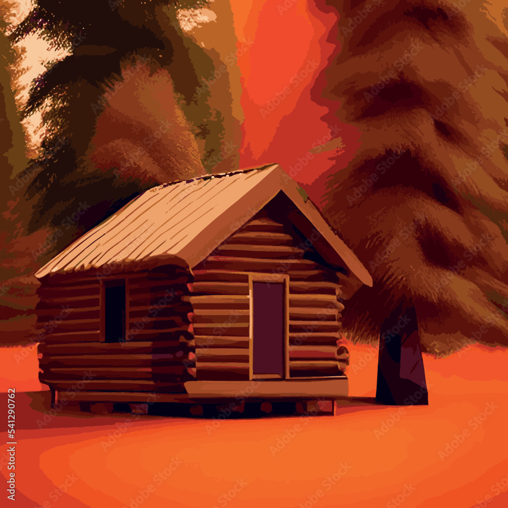 Autumn forest with wooden house on glade. Vector cartoon illustration ...