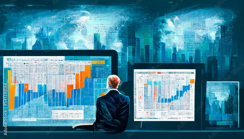 Business illustration with modern virtual computer and statistics ...