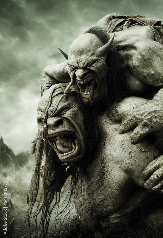 Vertical AI-generated image of two large scary orc warriors screaming ...