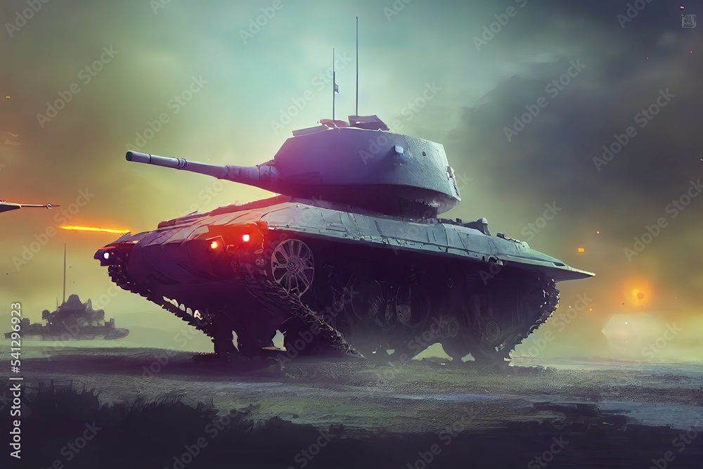 The tank is in battle, firing at the enemy. World war. Huge tank ...