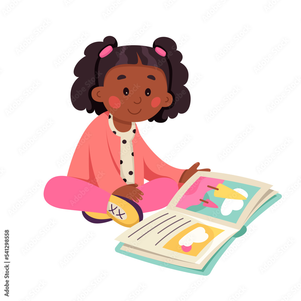 Cute little kid reading book vector illustration. Cartoon isolated ...