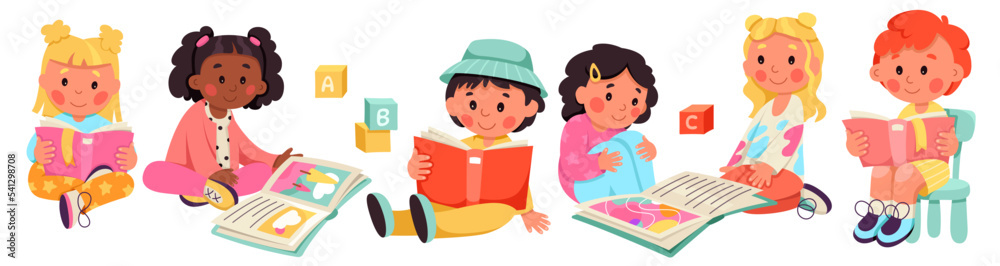 Cute little kids read books set vector illustration. Cartoon isolated ...