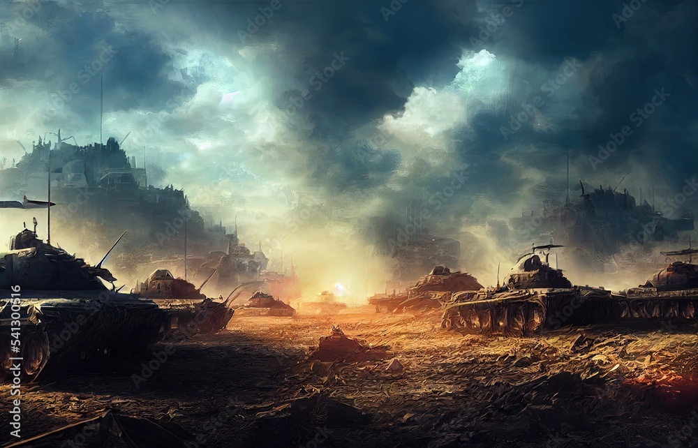 World war background illustration. 2020 - 2023 years. Tanks ...