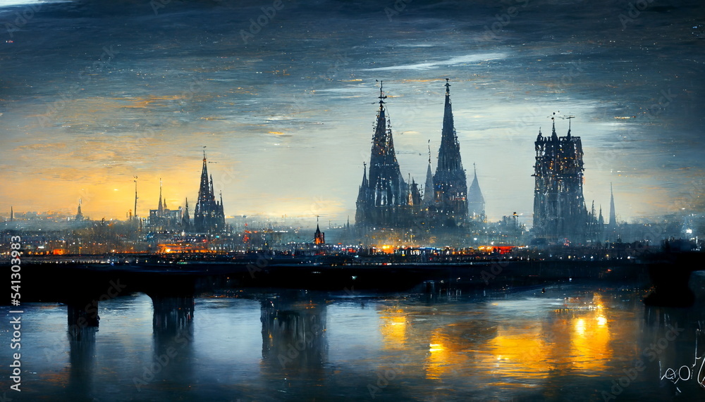 Cologne skyline with Cologne Cathedral and the river Rhine at night and ...