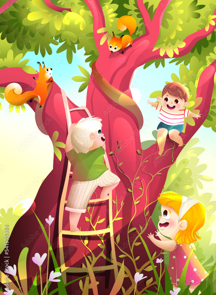 Children playing in nature park, climbing a big tree. Colorful ...