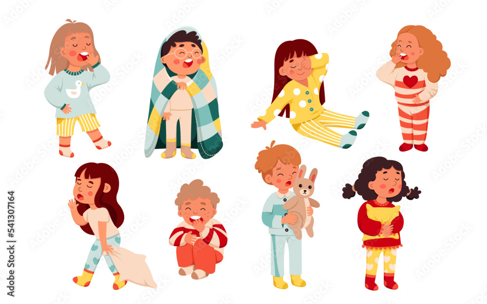 Cartoon isolated girls and boys in pajamas yawn and ready to rest and ...