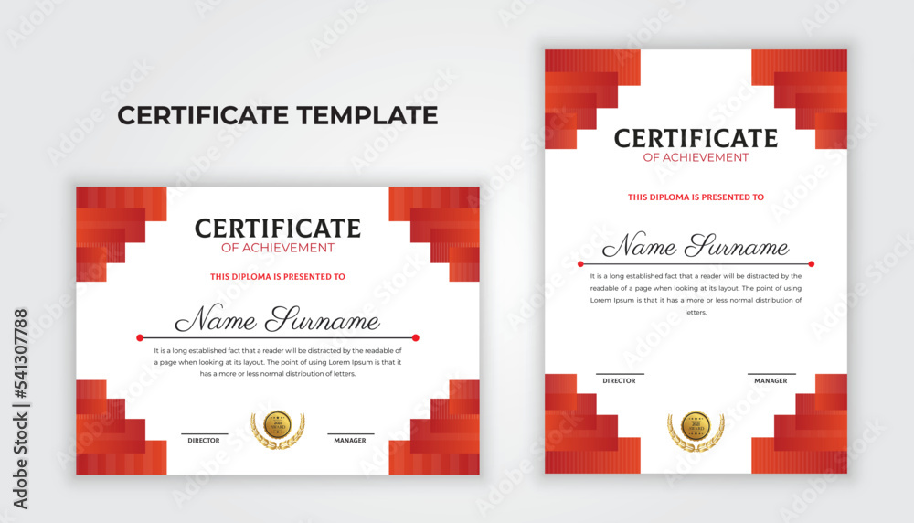 Red certificate template design with abstract golden badge in ...
